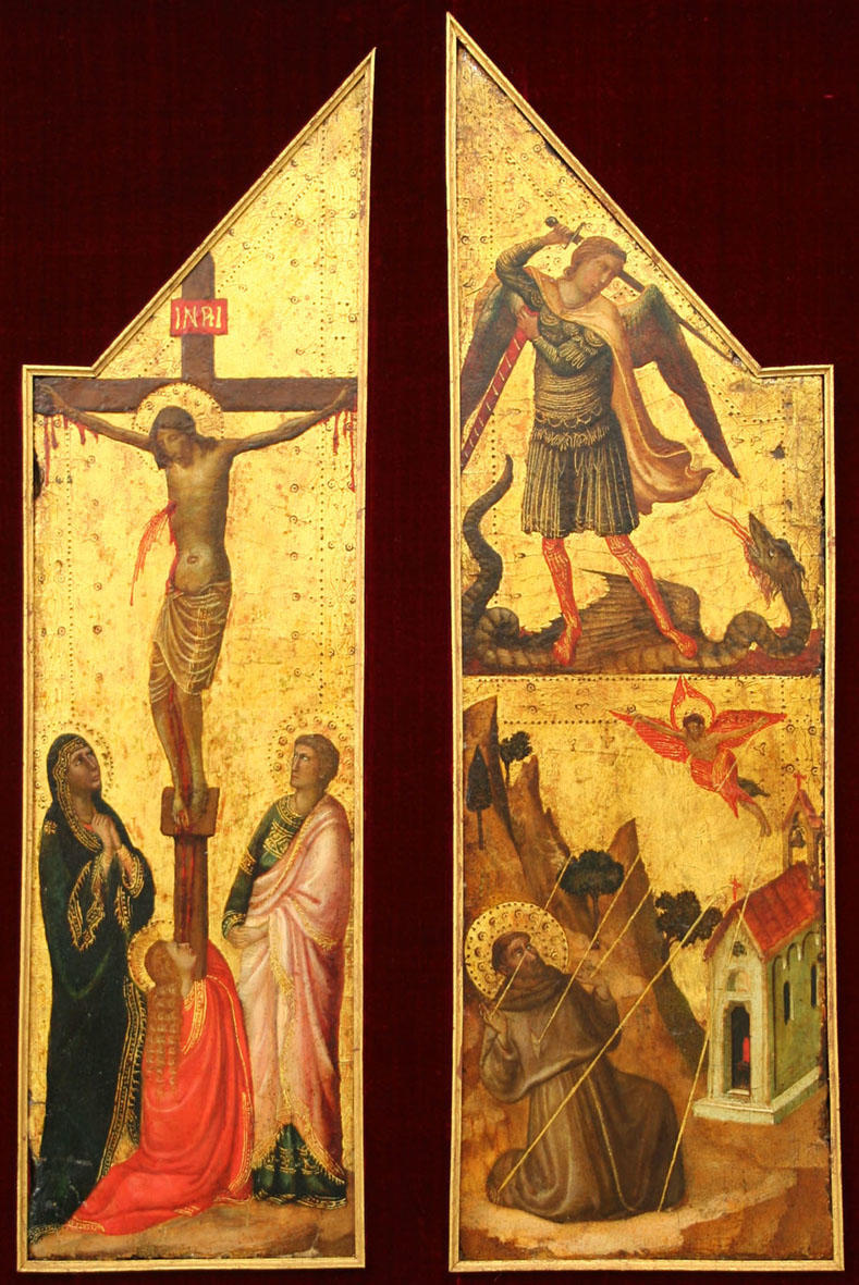 Two Wings from a Triptych: (The Crucifixion (left panel) ; St Michael and St Francis (right ...